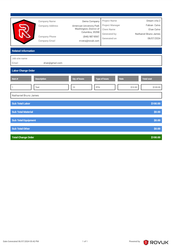 Field Change Order – ROVUK